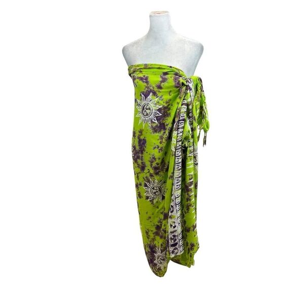 Swim | Vintage Green Andpurple Fringe End Swim Sarong With Sun Print ...